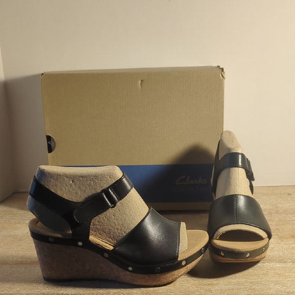 Clarks | Shoes | New Clarks Annadel Clover Black Leather Wedge Sandals ...